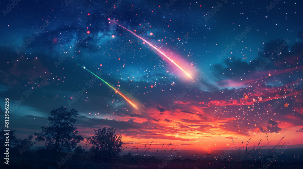 Two shooting stars streaking across a night sky, leaving trails in the ...