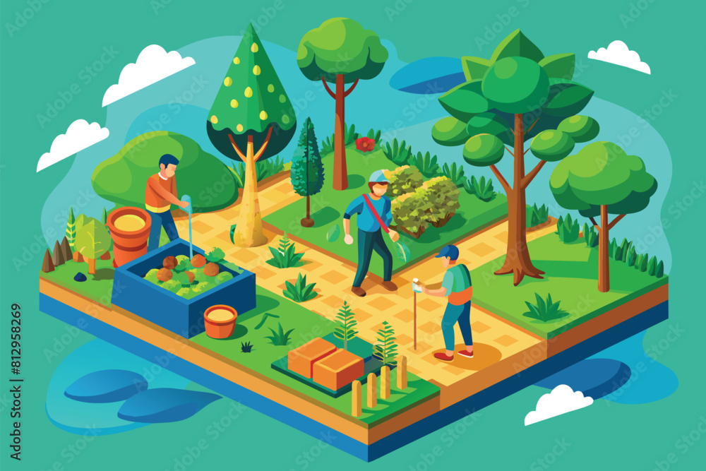 Multiple individuals engaged in various tasks related to reforestation ...