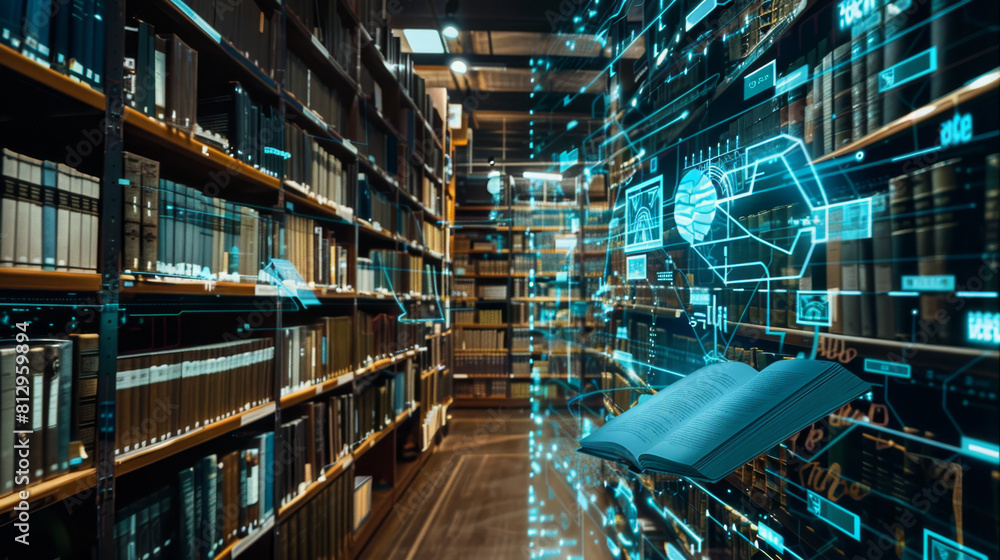 A modern digital library merges traditional bookshelves with ...