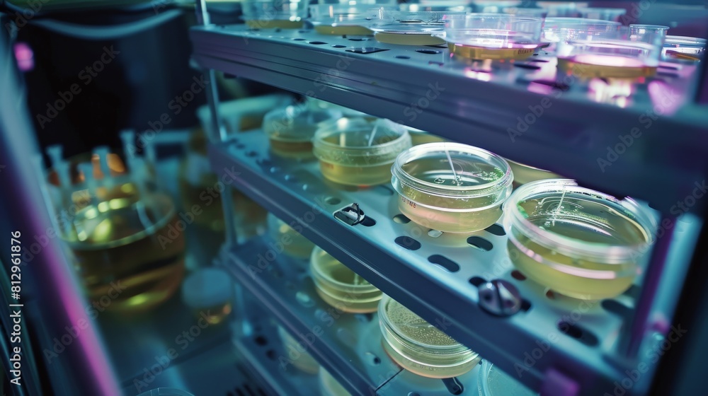 Microbiology lab. Petri dishes with bacteria growing on agar plates in ...