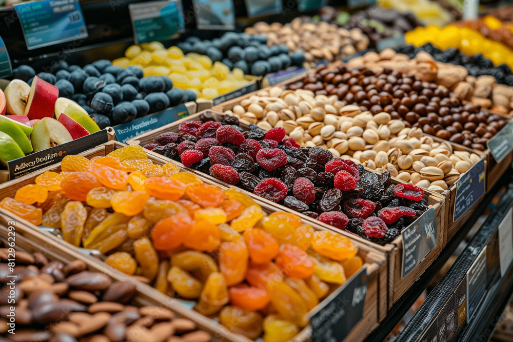 Nut and dried fruit bar in a health food store, top view, Healthy ...