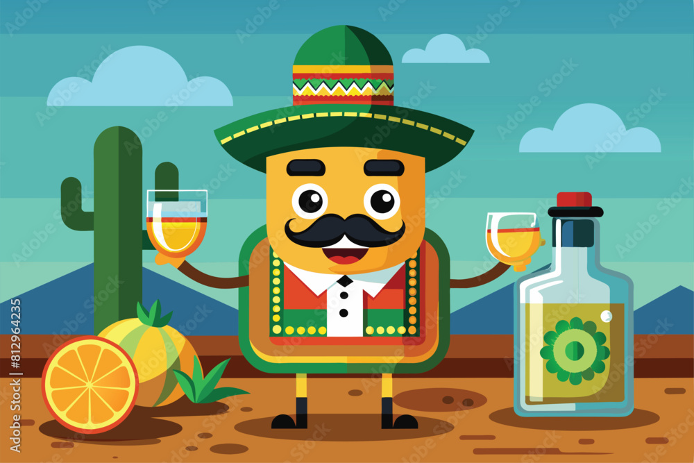 Cartoon character holding a bottle and glass of alcohol in a ...