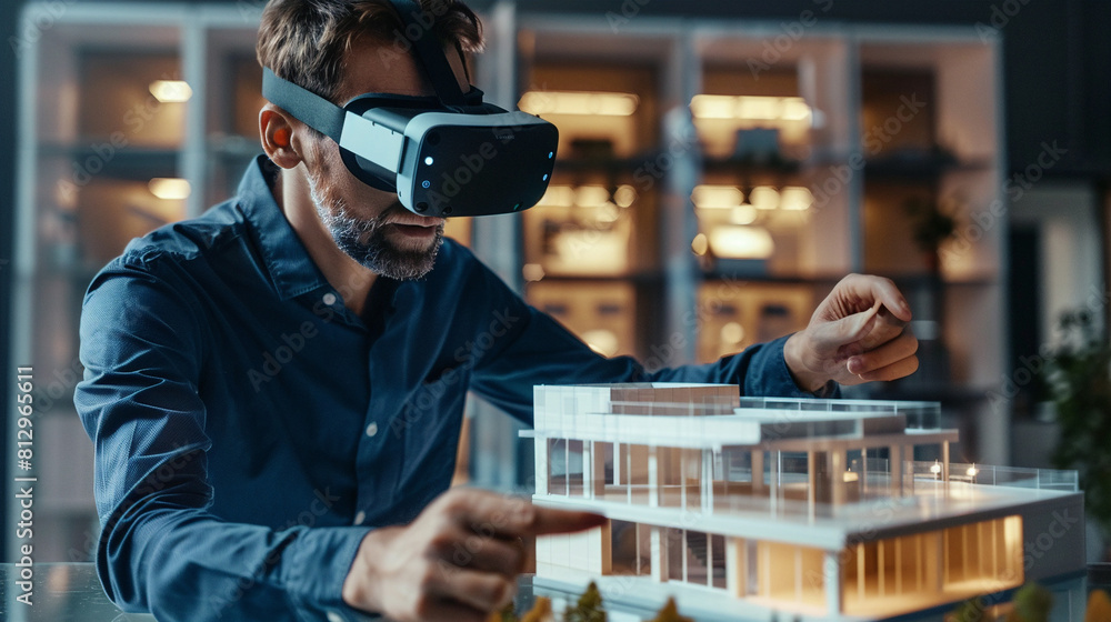 Bearded male architect using virtual reality headset to visualize and ...