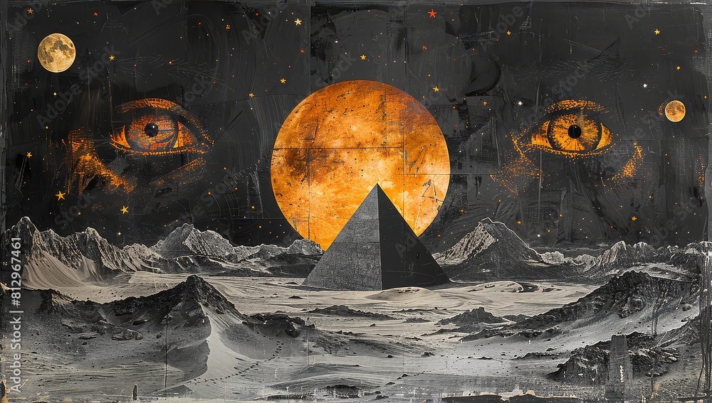 Black and white paper collage, sun rising over the mountains of sand ...