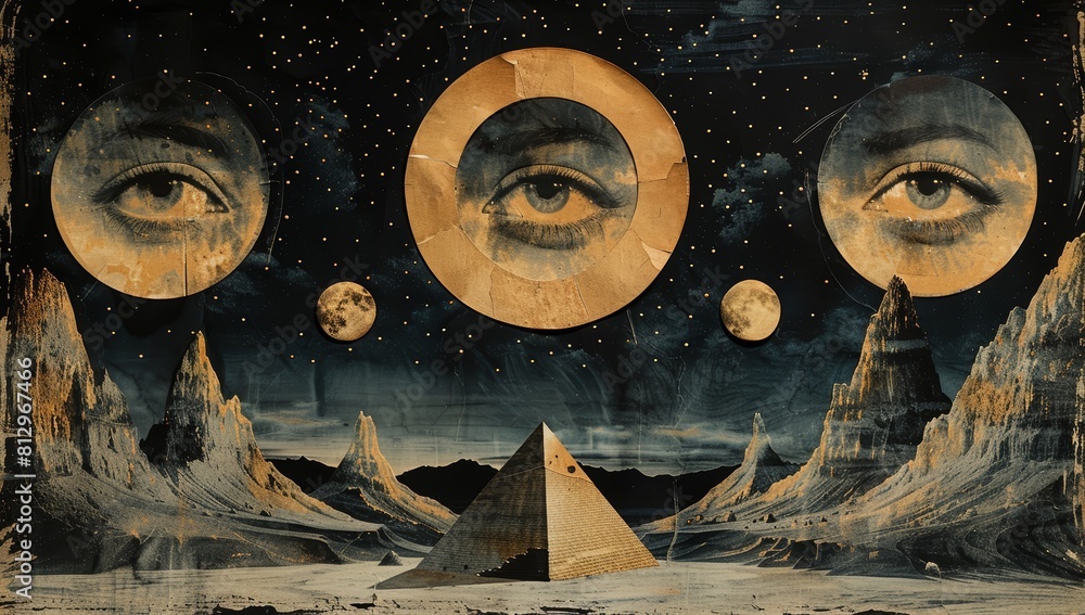 Black and white paper collage, sun rising over the mountains of sand ...