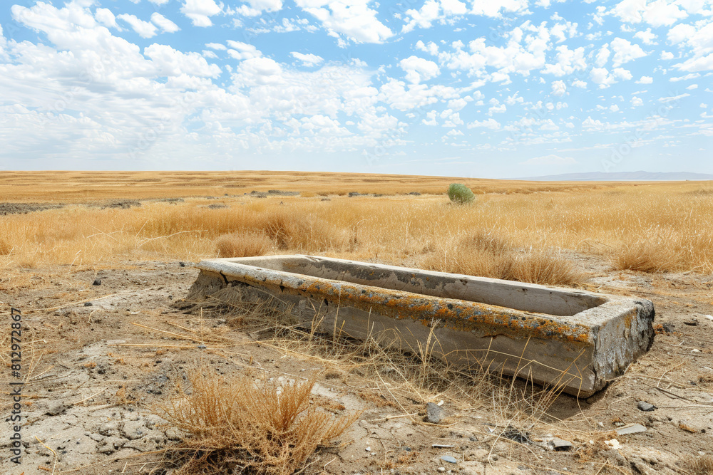 Empty water trough in a dry field, evidence of drought following ...