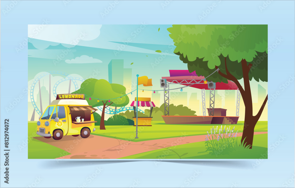 Cartoon summer landscape of city street road with cars, traffic light ...