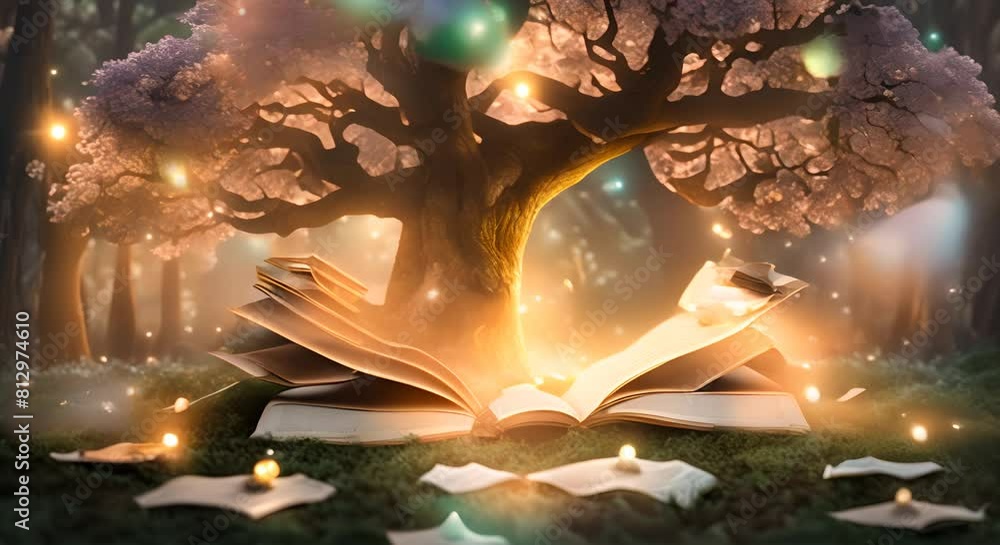Old books in the magic forest Fantasy world 3D rendering Enter a ...