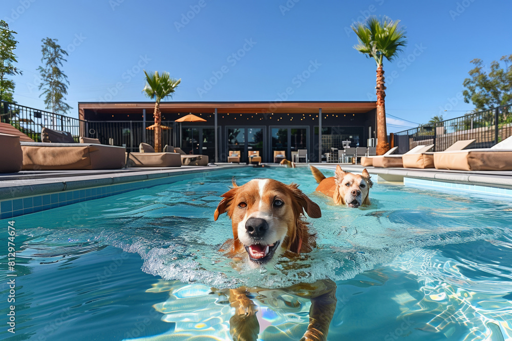 Outdoor pool at a dog hotel, canines swimming and playing under ...