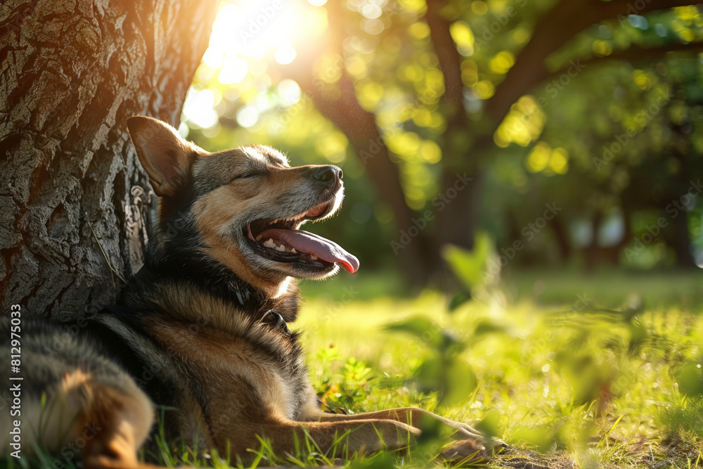 Overheated dog panting heavily under a shady tree, tongue out, during a ...