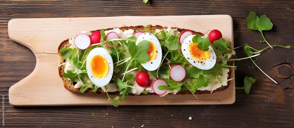 Top view copy space image of a spring themed toast with radish and eggs ...