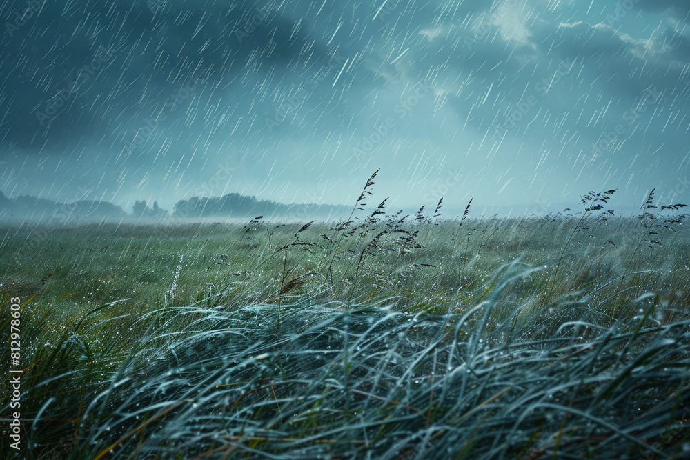 Windblown rain slashing across an open field, tall grasses bending ...
