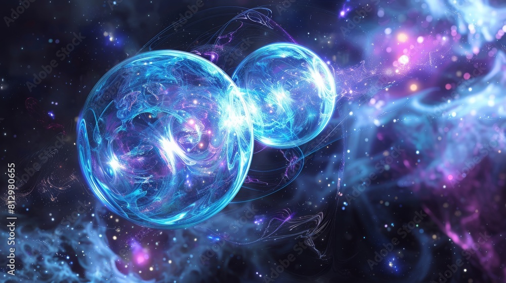 Two blue spheres floating in space with a purple background Stock ...