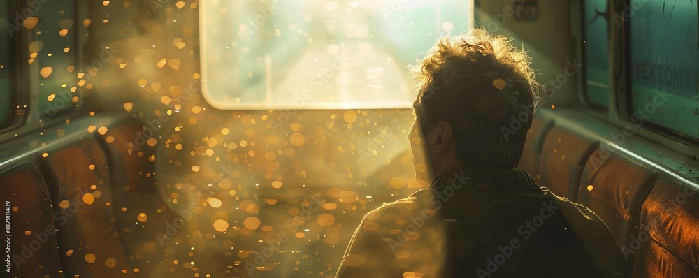 Sunlight streams through the window of a train, illuminating dust particles dancing in the air A ...