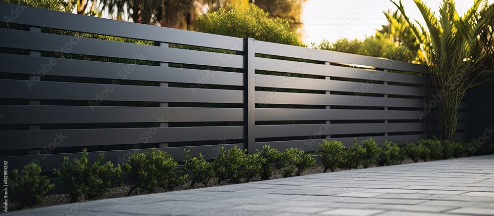 A sleek and contemporary metal fence with horizontal sections made of ...