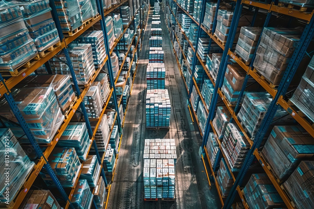 stacks of plasticwrapped pallets in vast logistics warehouse efficient ...