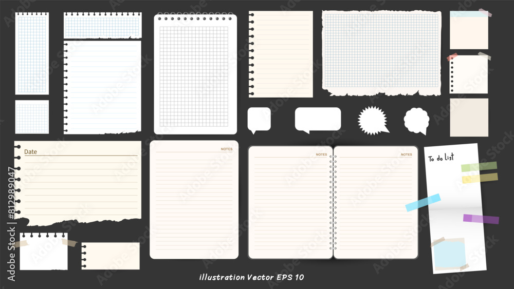 Set of lined white, notebook paper pieces stuck with sticky tape on ...