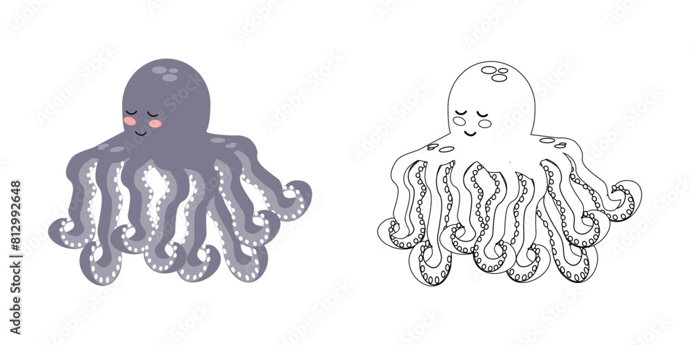 Cute purple octopus character, sea animal. Vector cartoon illustration ...