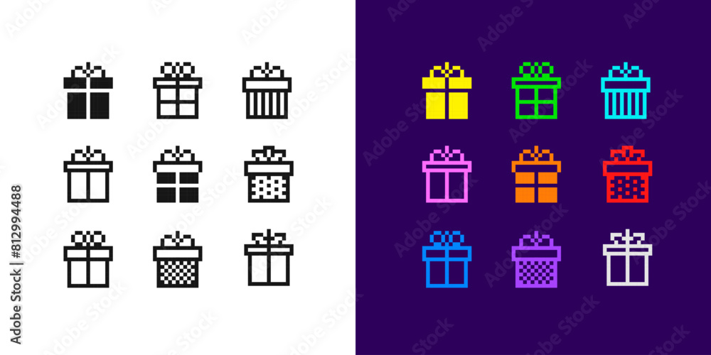 Pixel Gift Box vector icon collection amd Pop Art poster. Pixel Art ...