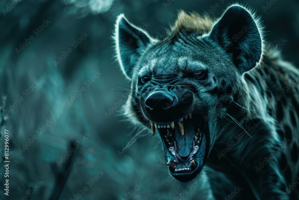 Closeup of an intimidating spotted hyena snarling in a moody, dark ...