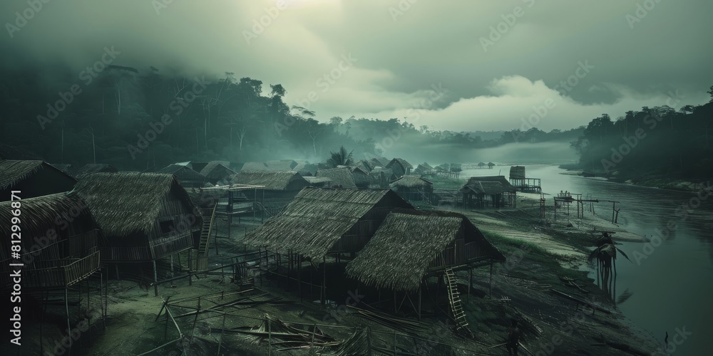 Mysterious view of a remote village with traditional thatched huts ...