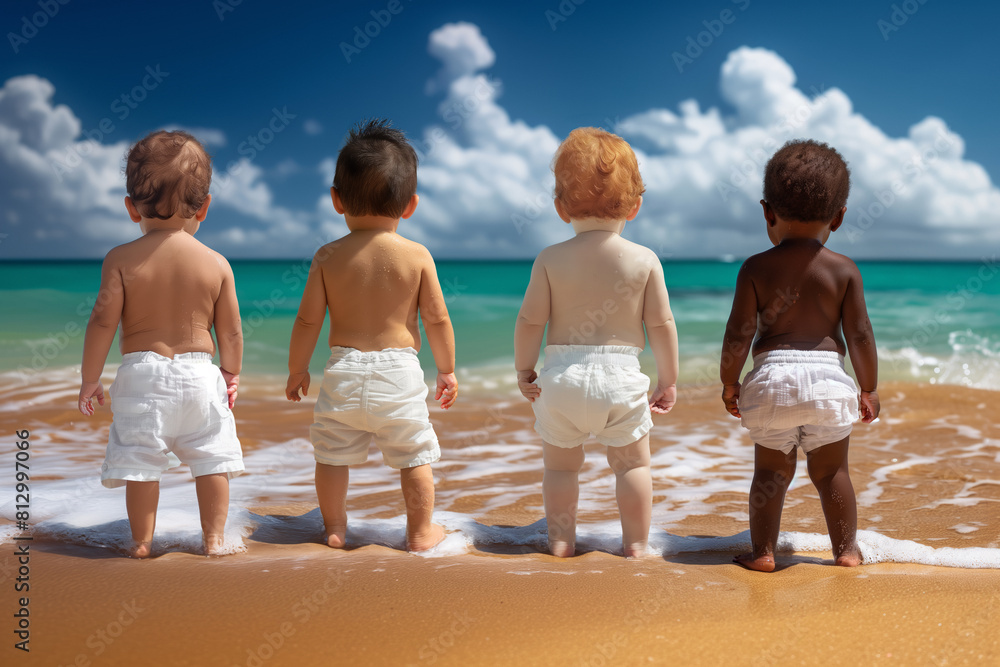 Four multiracial babies with different skin tones are standing on the ...