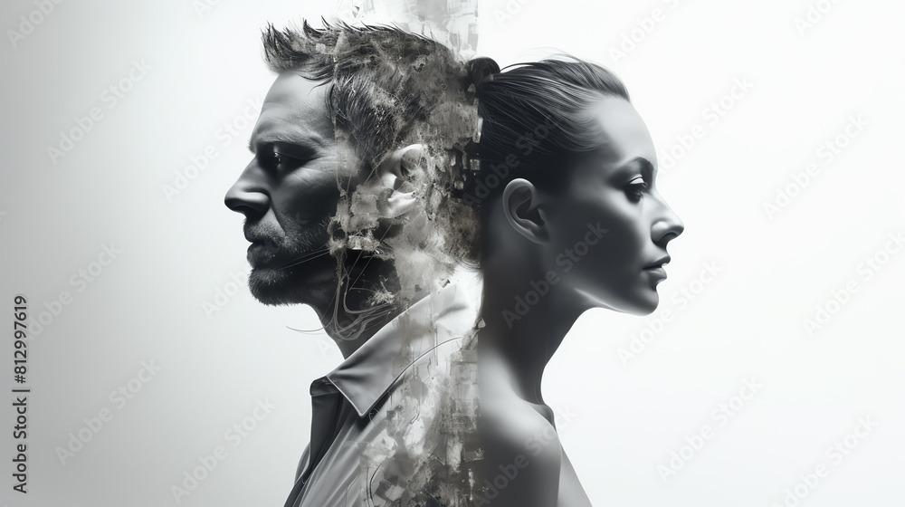 Double exposure of man and woman feeling disappointment side view ...