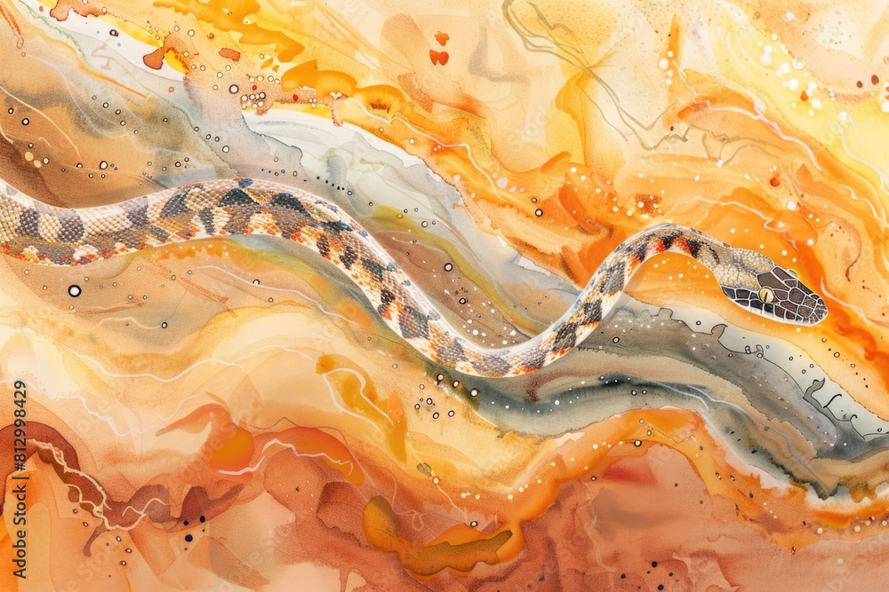 Watercolor landscape of a desert with a striped snake slithering, top ...
