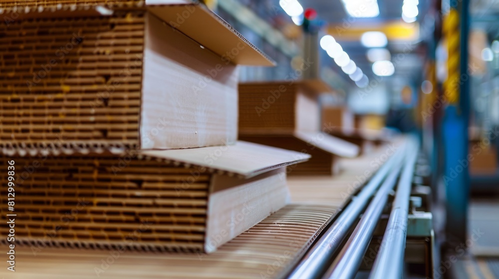 Elements of corton boxes are collected in stack. Conveyor line for the ...