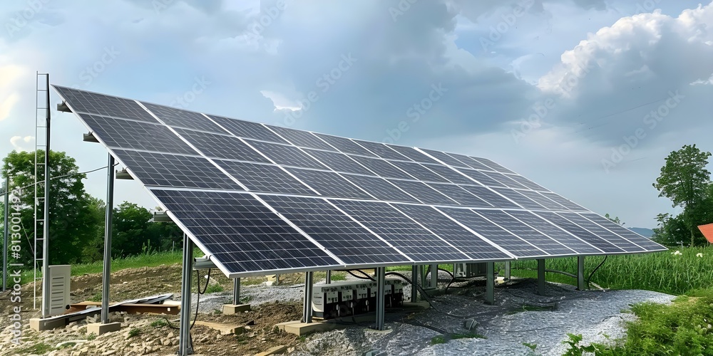 Solar panels on distribution board under cloudy sky in solar farm ...
