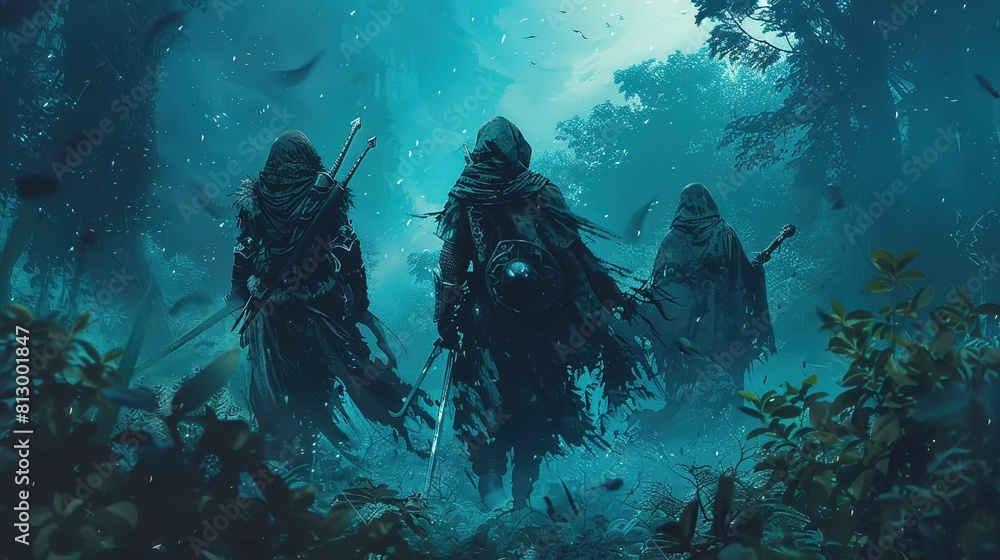 Three figures in medieval cloaks and armor stand submerged in a deep ...