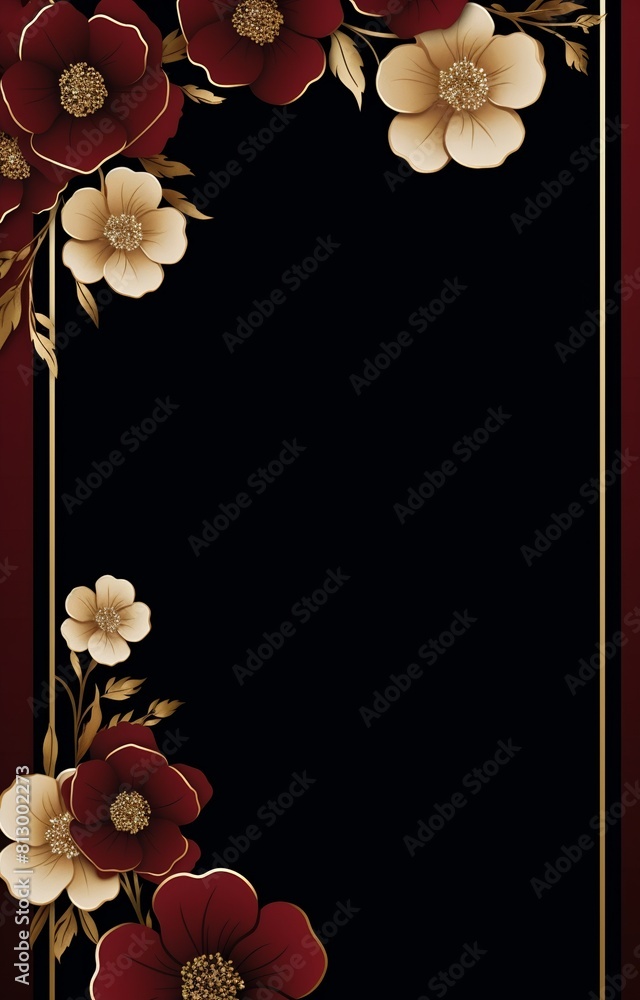 Exquisite black background with red and gold floral border. Stock ...