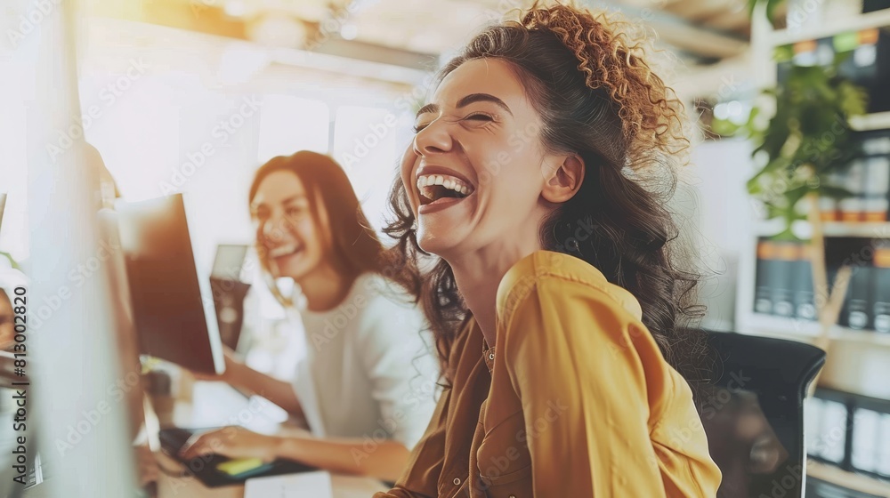 Two happy businesswomen, office employees work in office, laughing ...