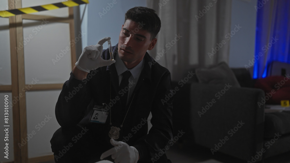 A young hispanic man in a suit examines evidence at a crime scene in an ...