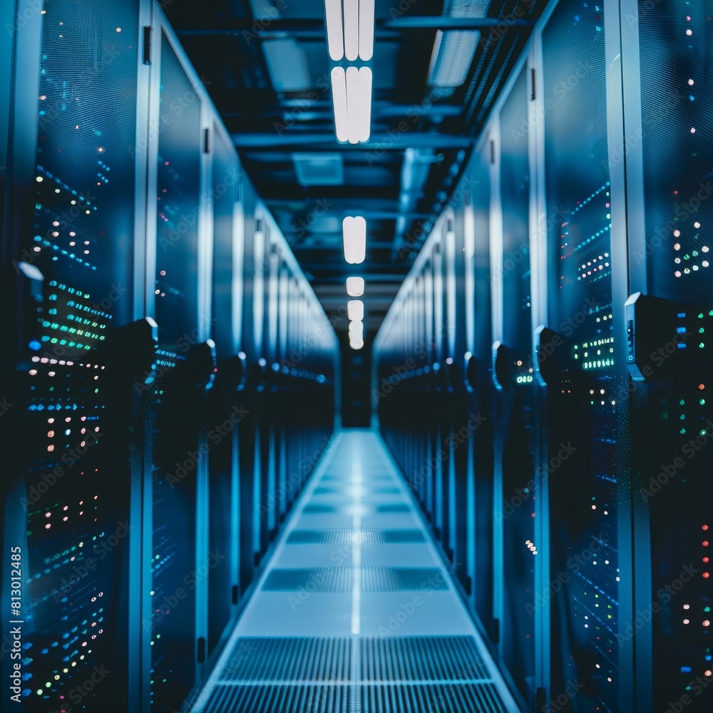Symmetrical view down the center aisle of a data center with rows of ...