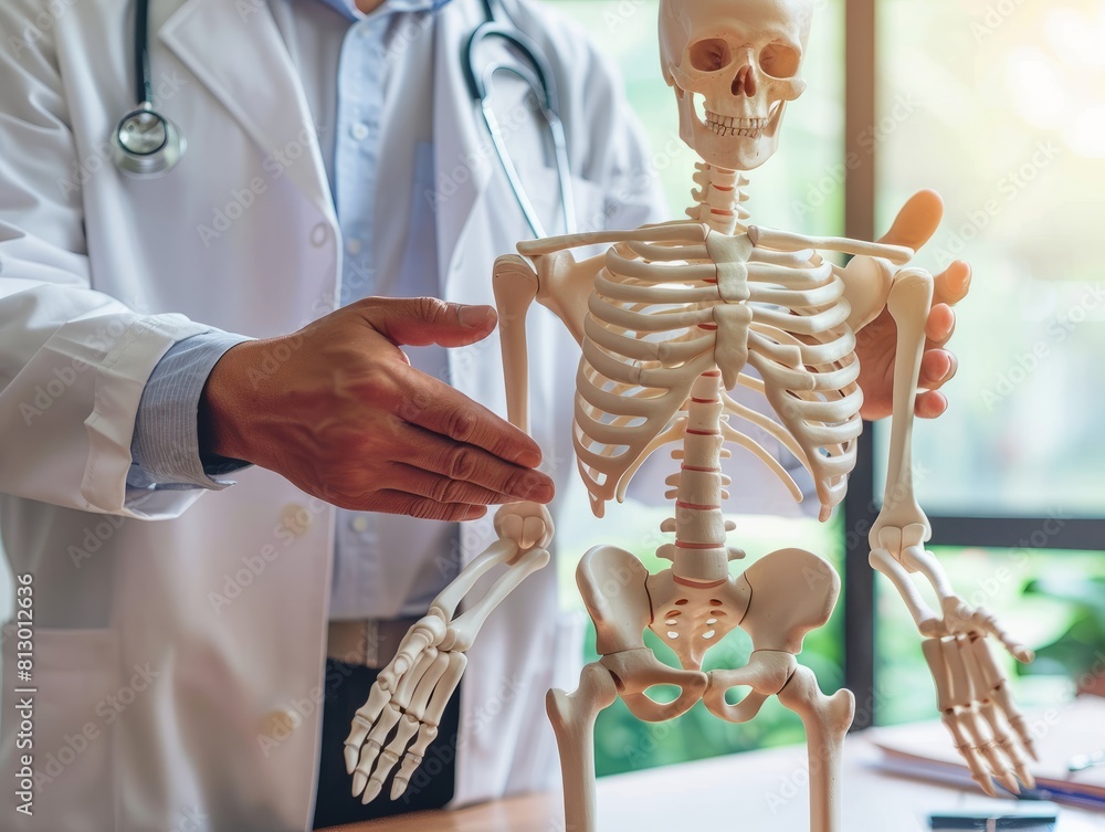 Doctor explaining a skeletal model to educate about human anatomy ...