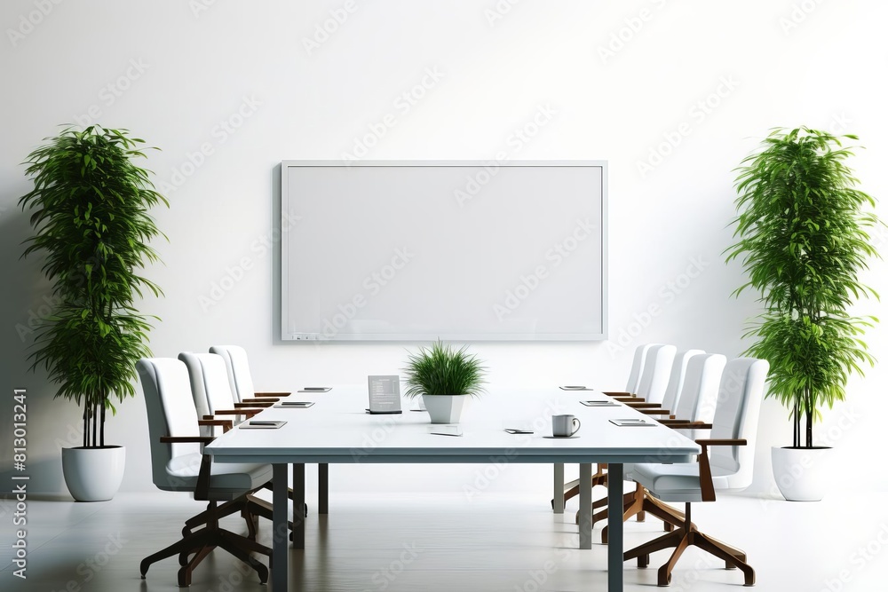 modern office conference room with a large blank whiteboard on the wall ...