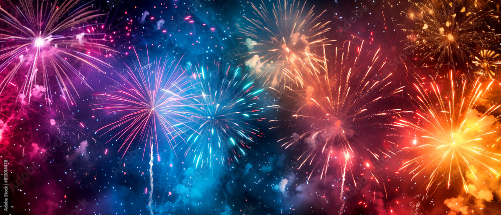 Colorful fireworks bursting in the night sky with pride flag hues ...