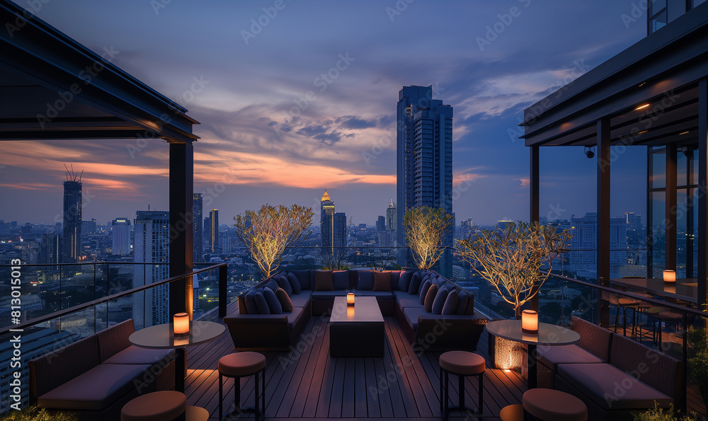 The rooftop bar of the hotel features outdoor seating, surrounded by ...
