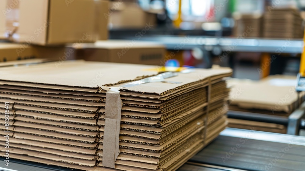 Elements of corton boxes are collected in stack. Conveyor line for the ...