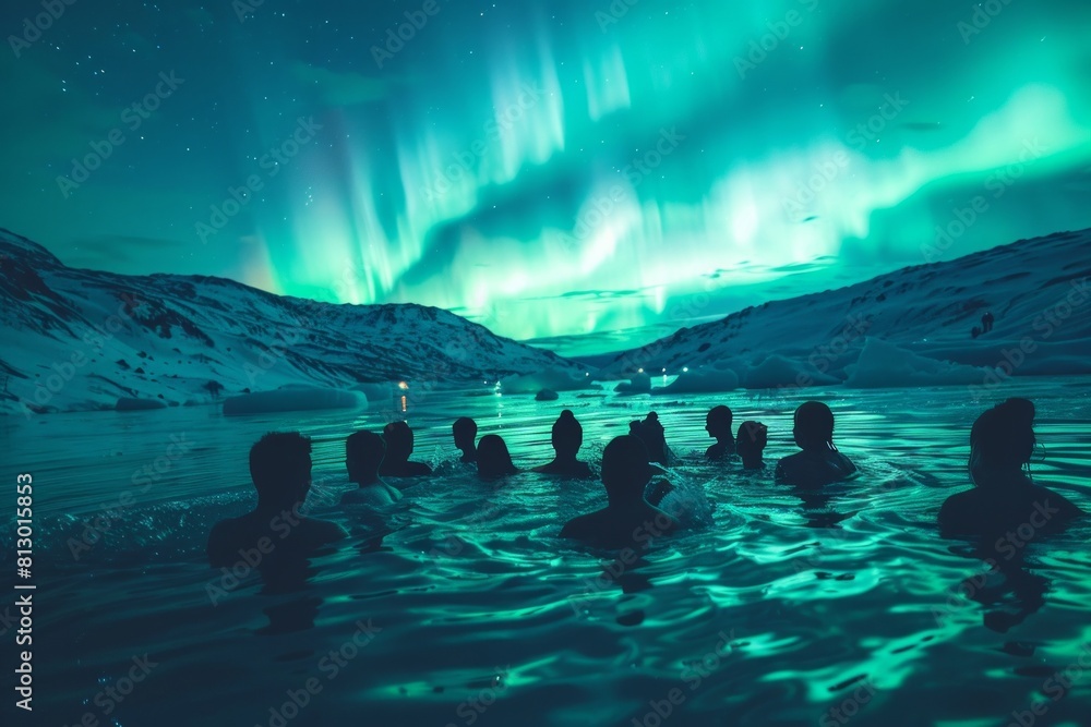 A group of young people plunge into an ice bath on the shore of a lake ...