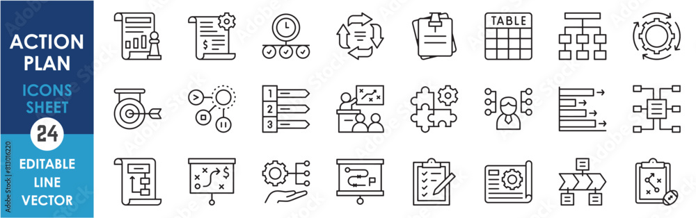 A set of outline icons related to action plans. Strategy, document ...