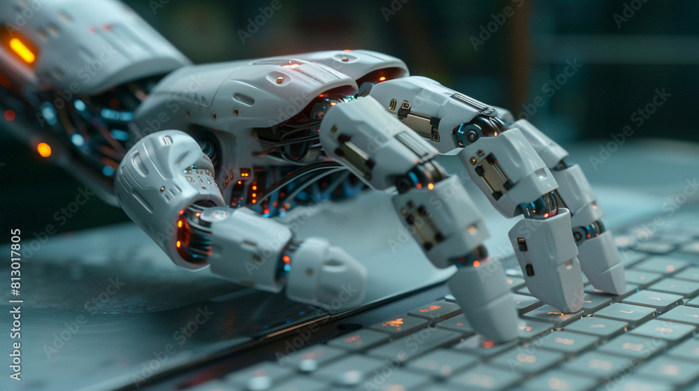 Advanced robotic hand at work on a computer representing AI surpassing ...