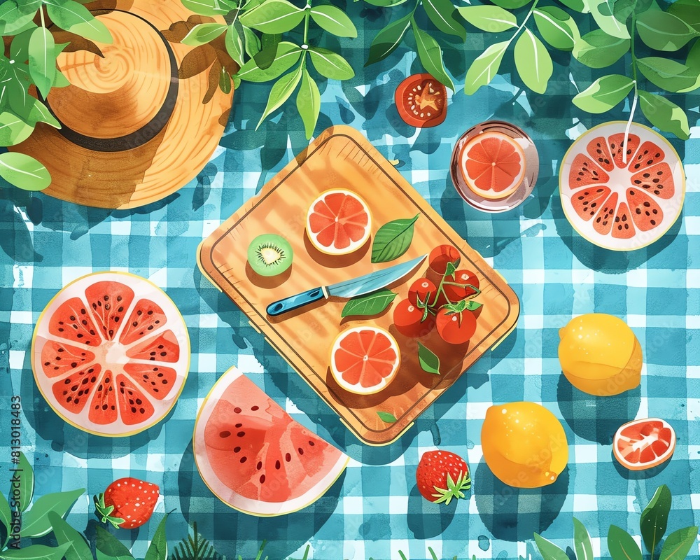 Sunny weather flat design top view, picnic theme, water color ...