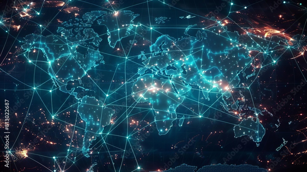 A digital world map with glowing trade routes, top view, depicting ...