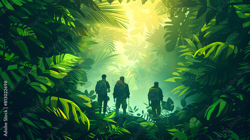 Flat Design Backdrop of Jungle Trek Adventure Concept: Adventurers ...