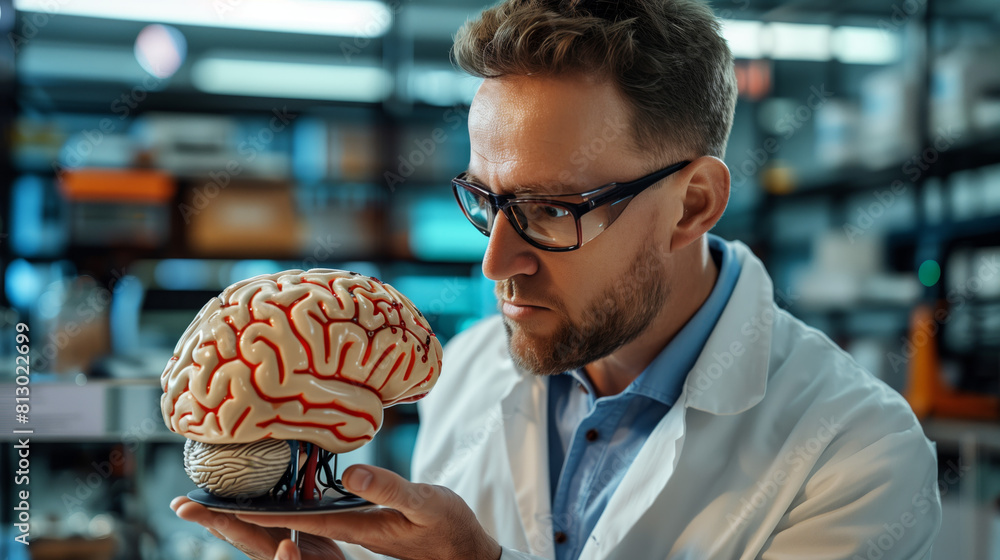 An engineer in a lab coat, holding a model of a brain with visible ...