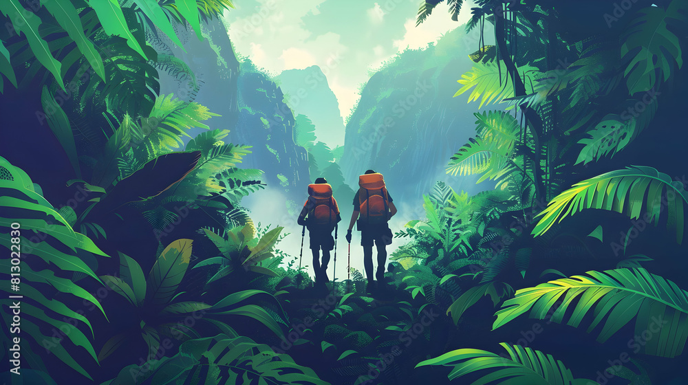 Flat Design Backdrop: Jungle Trek Adventure Concept as Adventurers ...