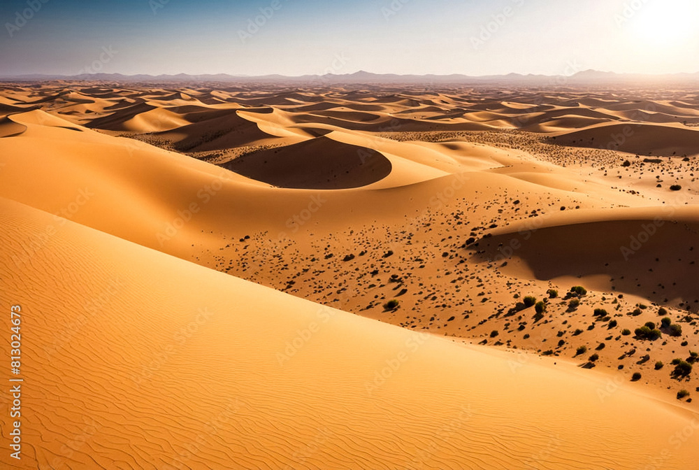 Nature background of Sahara desert with sunny sandy dunes, vegetation ...