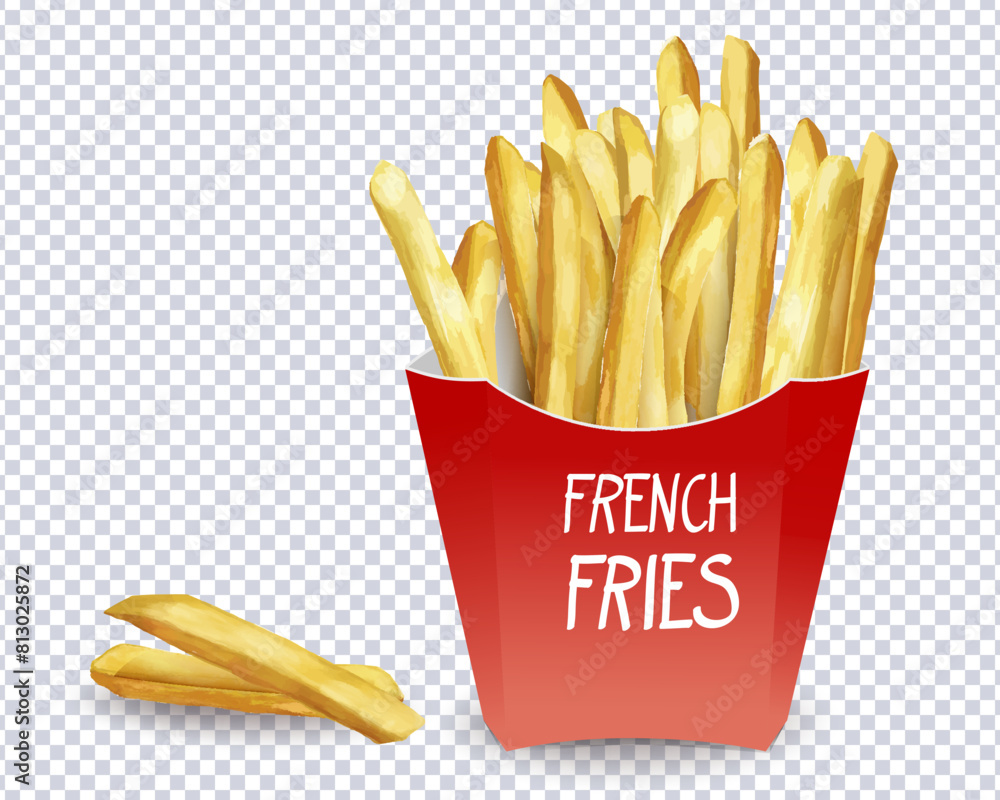 French Fries potato in red carton package box Isolated on transparent ...